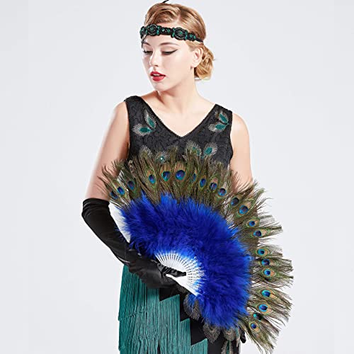 BABEYOND Roaring 20s Vintage Style Peacock & Black Marabou Feather Fan Flapper Accessories (Blue-White Rib)