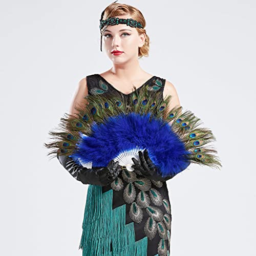 BABEYOND Roaring 20s Vintage Style Peacock & Black Marabou Feather Fan Flapper Accessories (Blue-White Rib)