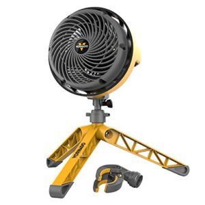 vornado exo5 heavy-duty shop air circulator fan with high-impact housing, collapsible tripod base, clamp attachment, yellow, 7 in.