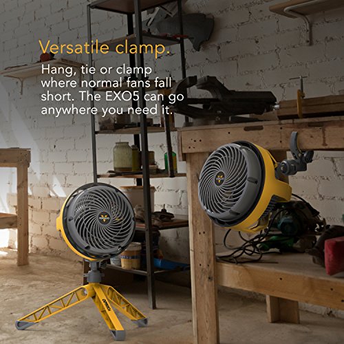 Vornado EXO5 Heavy-Duty Shop Air Circulator Fan with High-Impact Housing, Collapsible Tripod Base, Clamp Attachment, Yellow, 7 In.