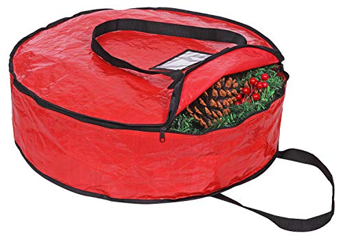 ProPik Christmas Wreath Storage Bag 24" - Garland Holiday Container with Tear Resistant Material - Featuring Heavy Duty Handles and Transparent Card Slot - 24” X 7” (Red)