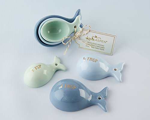 Kate Aspen Ceramic Whale Shaped Set | Tablespoon, Half Tablespoon & Teaspoon Measuring Spoons, One Size, Blue and Gold