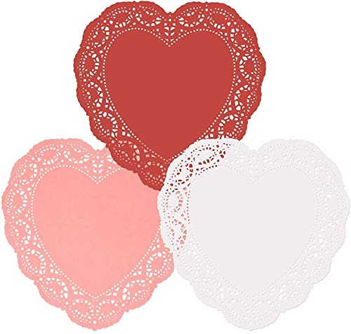 Heart Shaped Doilies Set -- Pack of 72 8" Paper Lace Heart Doilies (Red, Pink, White)