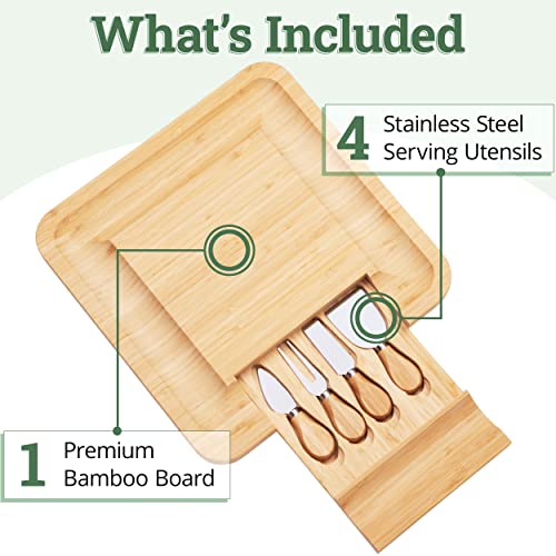 Charcuterie Board Gift Set, Bamboo Cheese Board With Cutlery, Includes Stainless Steel Serving Utensils, Cheese Platter and Serving Tray, Perfect for Wedding, Bridal Shower, and Housewarming Gifts