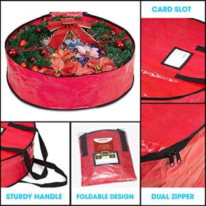 ProPik Christmas Wreath Storage Bag 30" Tear Resistant Material for Holiday Storage Featuring Heavy Duty Handles & Transparent Card Slot 30” X 30” X 7” (Red)