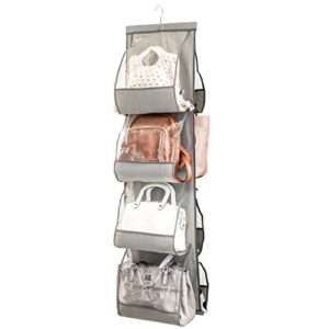 zober hanging purse organizer for closet clear handbag organizer for purses, handbags etc. 8 easy access clear vinyl pockets with 360 degree swivel hook, gray, 48” l x 13.8” w