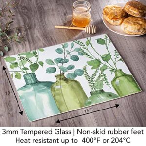 CounterArt Greenery 3mm Heat Tolerant Tempered Glass Cutting Board 15” x 12” Manufactured in the USA Dishwasher Safe