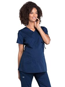 cherokee women's maternity scrub top with 3 pockets mock wrap ww685, m, navy