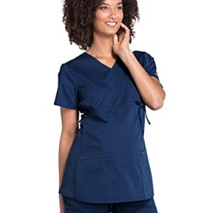 Cherokee Women's Maternity Scrub Top with 3 Pockets Mock Wrap WW685, M, Navy