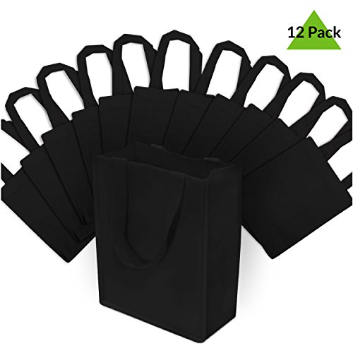 Black Gift Bags - 12 Pack Reusable Shopping Bags with Handles, Small Fabric Cloth Bags for Small Business, Gifts, Groceries, Merchandise, Events, Parties, Take-Out, Retail Stores, Bulk - 8x4x10