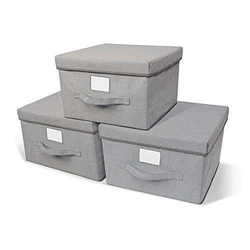 Primary Designs Pack of 3 Collapsible Closet Storage Cloth Bins with Strong Dust Proof Lids and Handles, Grey, Large Size (16.5"x12"x10")