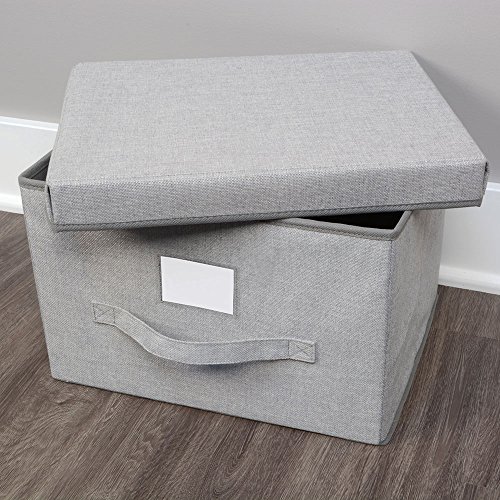 Primary Designs Pack of 3 Collapsible Closet Storage Cloth Bins with Strong Dust Proof Lids and Handles, Grey, Large Size (16.5"x12"x10")