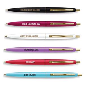 Snarky Boss Lady Pen Set in Brilliant Multicolor - Set of 6 Refillable Black Ink Ballpoint Click Clic Pens