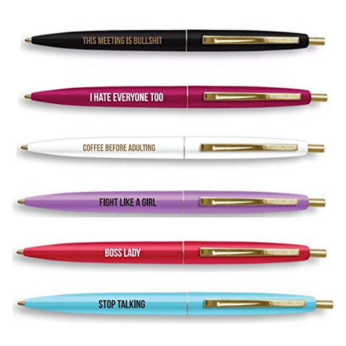 Snarky Boss Lady Pen Set in Brilliant Multicolor - Set of 6 Refillable Black Ink Ballpoint Click Clic Pens