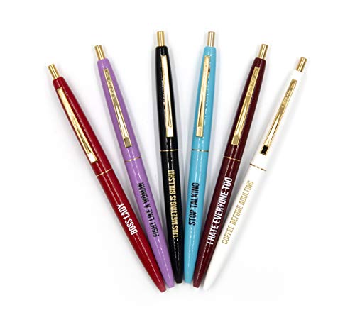 Snarky Boss Lady Pen Set in Brilliant Multicolor - Set of 6 Refillable Black Ink Ballpoint Click Clic Pens