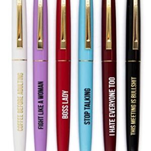 Snarky Boss Lady Pen Set in Brilliant Multicolor - Set of 6 Refillable Black Ink Ballpoint Click Clic Pens