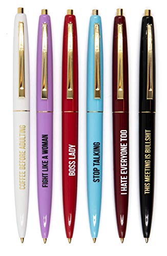 Snarky Boss Lady Pen Set in Brilliant Multicolor - Set of 6 Refillable Black Ink Ballpoint Click Clic Pens