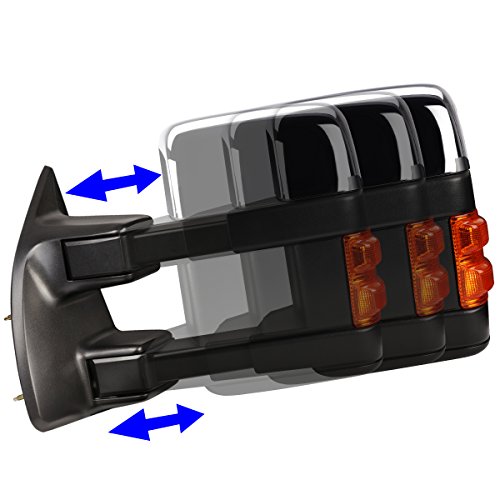 Pair of Rear View Side Towing Mirrors - Manual Telescoping | Power Adjust | Heated Glass | Amber LED Turn Signal - Compatible with Ford F250-F550 Super Duty 99-07, Driver and Passenger Side, Chrome