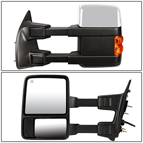 Pair of Rear View Side Towing Mirrors - Manual Telescoping | Power Adjust | Heated Glass | Amber LED Turn Signal - Compatible with Ford F250-F550 Super Duty 99-07, Driver and Passenger Side, Chrome