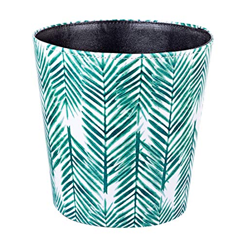 Scakbyer Paper Wastebasket Without Lid PU Leather Round Decorative Trash Bin Garbage Can Dustbin for Hotel Dormitory Kitchen Bedroom Bathroom Office Green Leaves