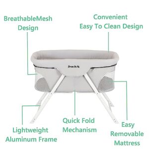 Dream On Me Traveler Portable Bassinet in Cloud Grey, Lightweight and Breathable Mesh Design, Easy to Clean and Fold Baby Bassinet - Carry Bag Included