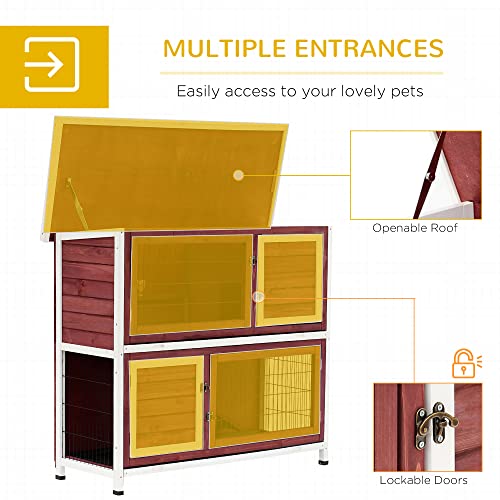 PawHut 48" 2-Story Wooden Rabbit Hutch Elevated Bunny Cage Small Animal Habitat Guinea Pig House with Ramp, No Leak Tray and Weatherproof & Openable Top, Outdoor/Indoor