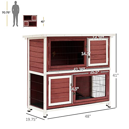 PawHut 48" 2-Story Wooden Rabbit Hutch Elevated Bunny Cage Small Animal Habitat Guinea Pig House with Ramp, No Leak Tray and Weatherproof & Openable Top, Outdoor/Indoor