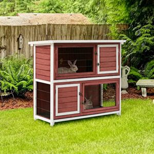 PawHut 48" 2-Story Wooden Rabbit Hutch Elevated Bunny Cage Small Animal Habitat Guinea Pig House with Ramp, No Leak Tray and Weatherproof & Openable Top, Outdoor/Indoor