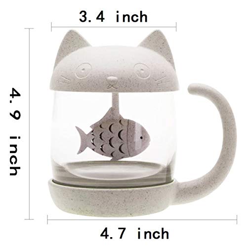 JEWOSTER Cute Cat Glass Cup Tea Mug With Fish Tea Infuser Strainer Filter