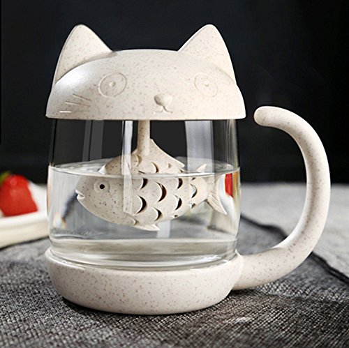 JEWOSTER Cute Cat Glass Cup Tea Mug With Fish Tea Infuser Strainer Filter