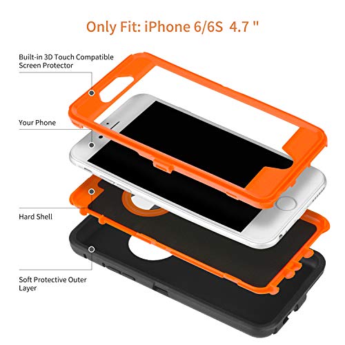 CAFEWICH iPhone 6/6S Case Heavy Duty Shockproof High Impact Tough Rugged Hybrid Rubber Triple Defender Protective Anti-Shock Silicone Mobile Phone Cover for iPhone 6/6S 4.7"(Black Orange)