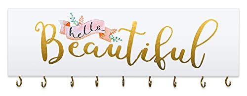 SANY DAYO HOME Hello Beautiful Wall Mount Necklace Holder Organizer with 9 Jewelry Hooks for Ring, Hair Bow, Headband, Purse - Wall Decor for Girls Room