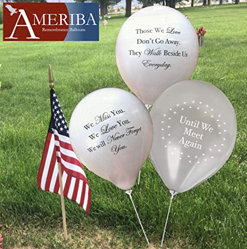 30PC Biodegradable Remembrance Balloons: White & Silver Personalizable Funeral Balloons for Balloon Releases & Sympathy Gifts | Created/Sold by AMERIBA, a USA company (Variety Pk White, Black Writing)