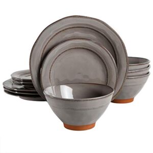 gibson elite terranea round reactive glaze terra cotta dinnerware set, service for four (12pcs), grey