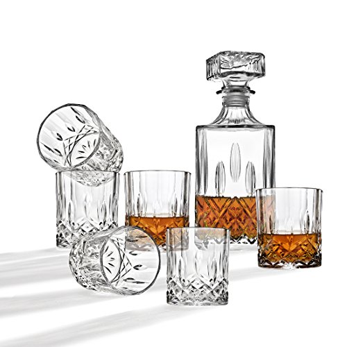 Whiskey Decanter And Glasses Bar Set, Includes Whisky Decanter And 6 Cocktail Glasses - 7 Piece Set