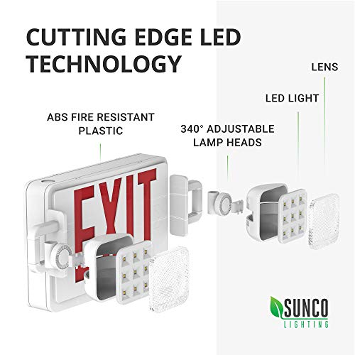 Sunco Lighted Exit Signs for Business with Battery Backup, Emergency LED Exit Light Combo, 120-277V Double Sided with Two LED Flood Lights, Fire Resistant UL 94V-0, Commercial Grade 6 Pack