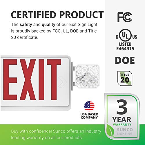 Sunco Lighted Exit Signs for Business with Battery Backup, Emergency LED Exit Light Combo, 120-277V Double Sided with Two LED Flood Lights, Fire Resistant UL 94V-0, Commercial Grade 6 Pack