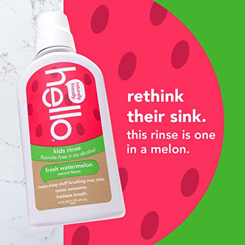 Hello Natural Watermelon Flavor Kids Fluoride Free Rinse, Alcohol Free, Vegan, SLS Free, Mouthwash for Kids Age 6 and Up, 16 Fl Oz (Pack of 3)