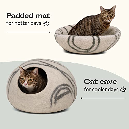 MEOWFIA Premium Felt Cat Bed Cave - Handmade 100% Merino Wool Bed for Cats and Kittens (Light Shades) (Medium, Light Grey)