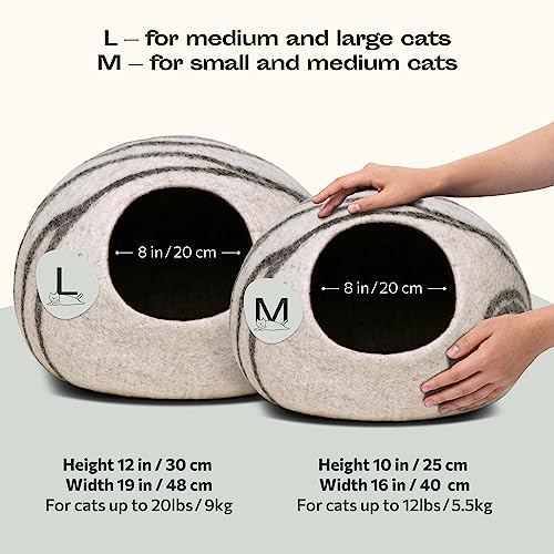 MEOWFIA Premium Felt Cat Bed Cave - Handmade 100% Merino Wool Bed for Cats and Kittens (Light Shades) (Medium, Light Grey)