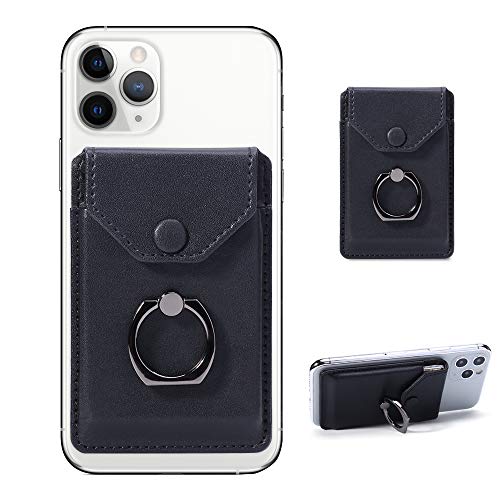 YUNCE Ring Stand Stick on Wallet Cell Phone Slim Leather Wallet Stick on Wallet Credit Card RFID Blocking Sleeve Black