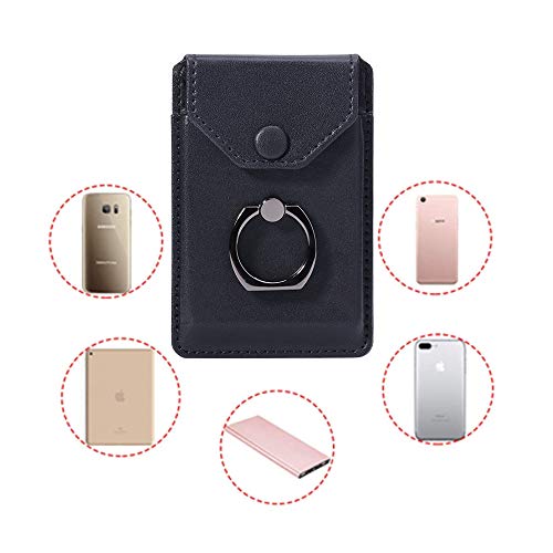 YUNCE Ring Stand Stick on Wallet Cell Phone Slim Leather Wallet Stick on Wallet Credit Card RFID Blocking Sleeve Black