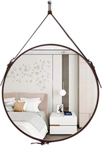 hofferruffer round wall mirror decorative mirror, hanging mirror with hanging strap silver hardware hooker/hanger, diameter 23.6 inch, brown-l