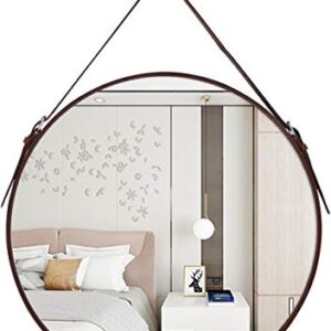 HofferRuffer Round Wall Mirror Decorative Mirror, Hanging Mirror with Hanging Strap Silver Hardware Hooker/Hanger, Diameter 23.6 inch, Brown-L