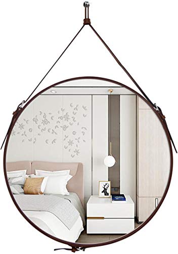 HofferRuffer Round Wall Mirror Decorative Mirror, Hanging Mirror with Hanging Strap Silver Hardware Hooker/Hanger, Diameter 23.6 inch, Brown-L