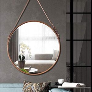 HofferRuffer Round Wall Mirror Decorative Mirror, Hanging Mirror with Hanging Strap Silver Hardware Hooker/Hanger, Diameter 23.6 inch, Brown-L