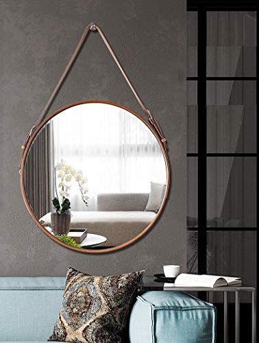 HofferRuffer Round Wall Mirror Decorative Mirror, Hanging Mirror with Hanging Strap Silver Hardware Hooker/Hanger, Diameter 23.6 inch, Brown-L