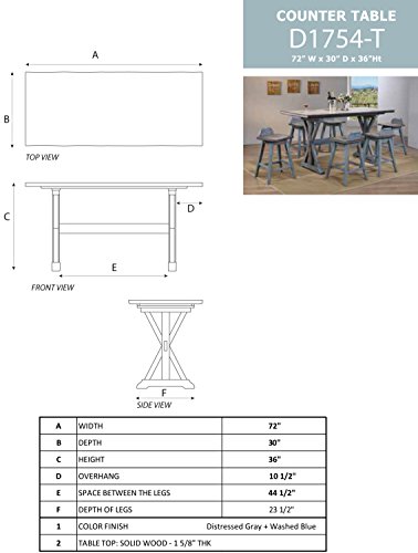 Kings Brand Arland Grey / Blue Wood Counter Height Rectangle Kitchen Dinette Dining Table