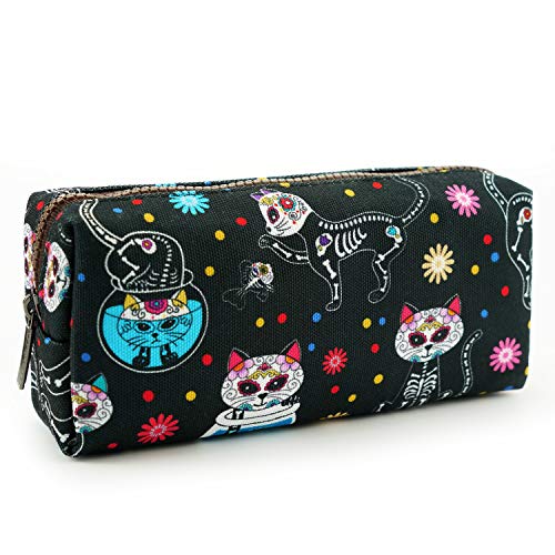 LParkin Day of the Dead Cats Pencil Case Gadget Box Dia de los Muertos Bag Sugar Skull Cats Bag Toiletry Zip Pouch Rockabilly Bag Makeup Cosmetic Stationary