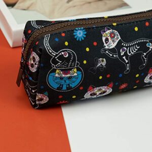 LParkin Day of the Dead Cats Pencil Case Gadget Box Dia de los Muertos Bag Sugar Skull Cats Bag Toiletry Zip Pouch Rockabilly Bag Makeup Cosmetic Stationary